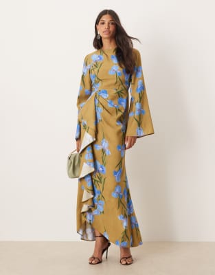 ASOS DESIGN - Maxi jurk met lange mouwen, rok met ruches en oversized bloemenprint in groen | ASOS
