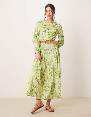 ASOS DESIGN - Maxi jurk met linnenlook en godetplooien van voile met bloemenprint in groen | ASOS