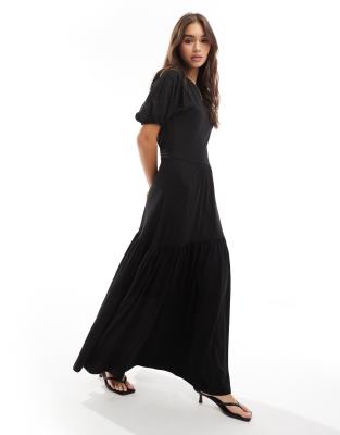 ASOS DESIGN - Maxi jurk met pofmouwen, broderie en stroken in zwart | ASOS