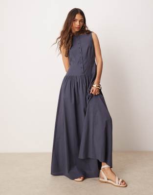 ASOS DESIGN - Maxi jurk met rechte hals, verlaagde taille en knopen in donker marineblauw | ASOS