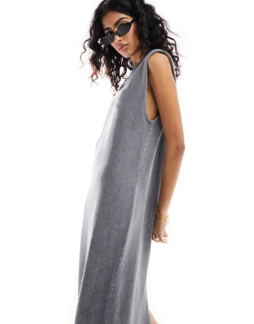 Asos Design Maxi Jurk Met Ronde Hals En Schoudervulling In Grijze