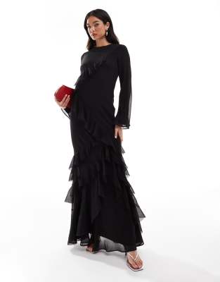 ASOS DESIGN - Maxi-jurk met uitlopende lange mouwen en extreme ruches in zwart | ASOS
