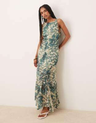 ASOS DESIGN - Maxi-jurk met verlaagde taille en volle godetzoom in vervaagde print | ASOS
