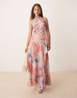 ASOS DESIGN - Maxi jurk van chiffon met halternek, verlaagde taille en bloemenprint in roze en ...