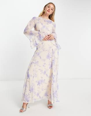 ASOS DESIGN - Maxi-jurk van chiffon met lange mouwen, ruches aan de manchetten en bloemenprint ...