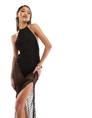 ASOS DESIGN - Maxi-jurk van doorzichtige dobby mesh met body met halternek in zwart | ASOS