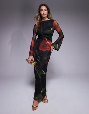 ASOS DESIGN - Maxi jurk van gebloemd mesh met lage rug en uitlopende mouwen in oversized rode ...