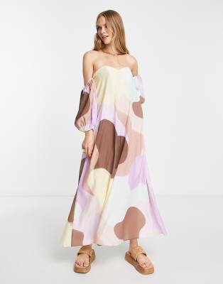 ASOS DESIGN - Maxi jurk van kreukelstof met A-lijn, losse mouwen en abstracte print | ASOS