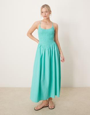 ASOS DESIGN - Maxi jurk van kreukelstof met lage ronde hals en kruisbandjes op de rug in aqua ...