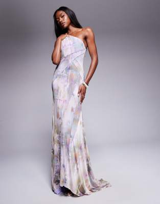 ASOS DESIGN - Maxi-jurk van mesh met blote schouder, onbedekte naden en volle zoom in vage lila ...