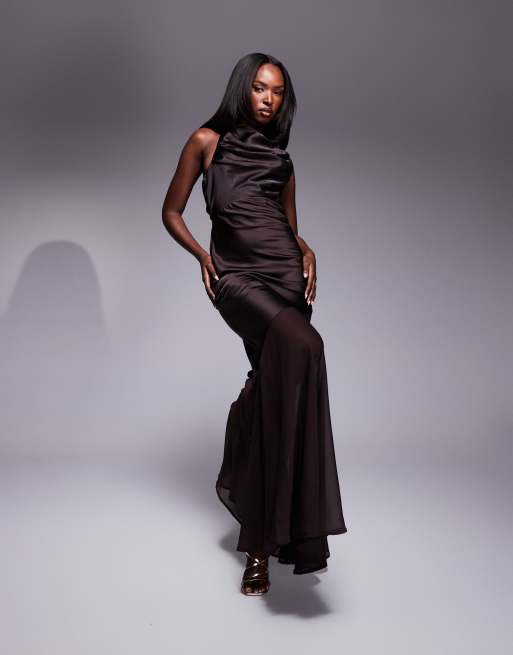 ASOS DESIGN - Maxi jurk van mix van satijn en chiffon met gedrapeerd lijfje en open, gedrapeerde ...