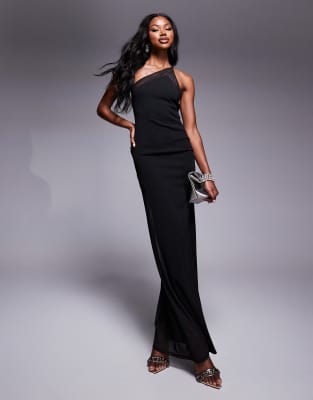 ASOS DESIGN - Maxi jurk van scubastof met blote schouder en doorschijnend inzetstuk van mesh in ...