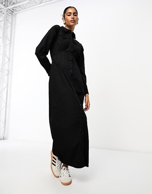ASOS DESIGN - Maxi overhemdjurk van keperstof in zwart | ASOS ASOS DESIGN - Maxi overhemdjurk van keperstof in zwart | ASOS