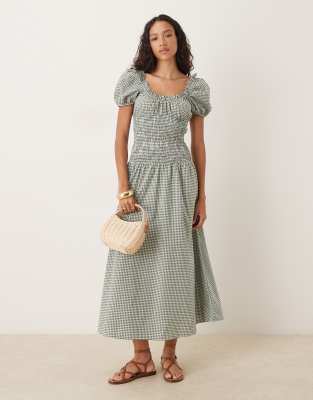 ASOS DESIGN - Maxi prairie-jurk met gerimpelde buste en gesmokt lijfje in olijfgroene gingham ...