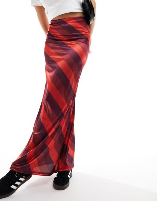 Asos Design Maxirock Aus Satin Twill In Rot Gestreift Asos