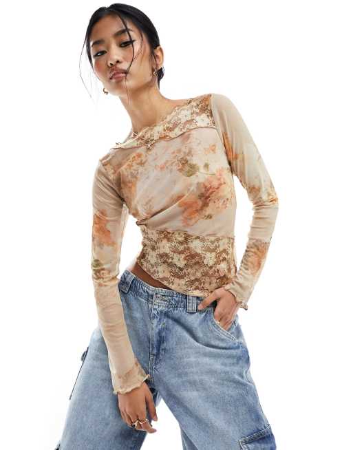Asos Design Mehrfarbiges Langärmliges Oberteil Aus Netzstoff Und