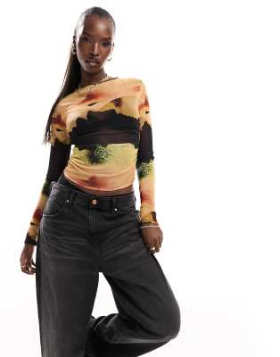 ASOS DESIGN mesh base layer long sleeve top in landscape print | ASOS