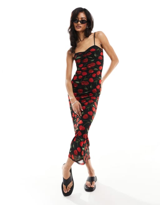 ASOS DESIGN mesh peekaboo bust detail midaxi dress in red and black ...