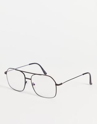 ASOS DESIGN metal aviator fashion glasses with clear lens in black | ASOS