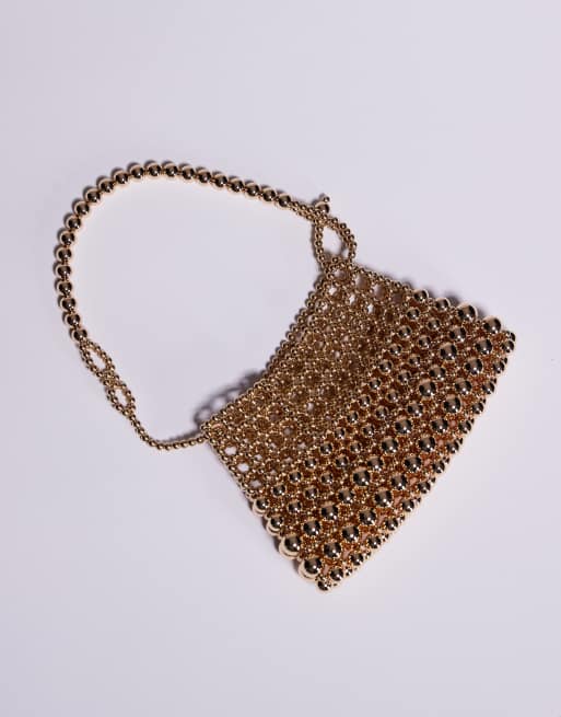 ASOS DESIGN metal beaded adjustable strap clutch bag in gold | ASOS