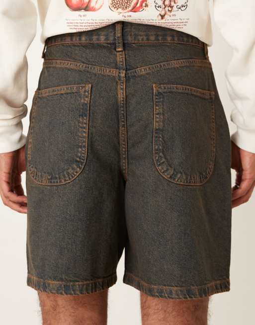 ASOS DESIGN mid length denim jorts with double pleats in brown | ASOS