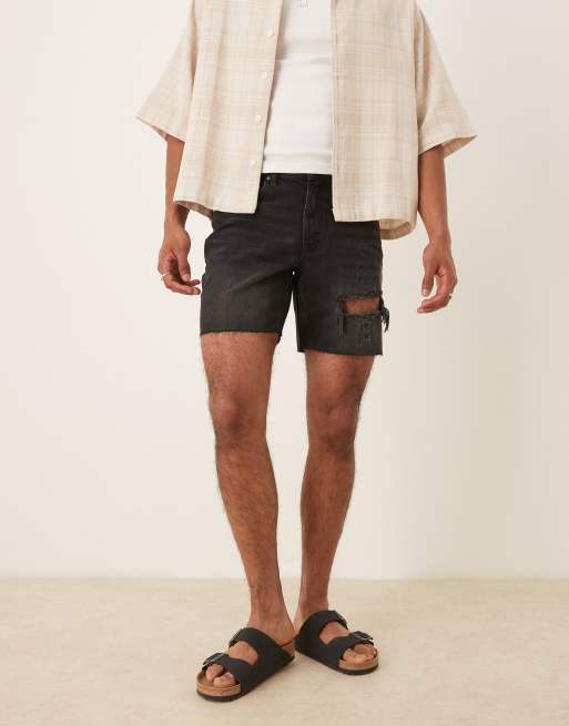 ASOS DESIGN mid length slim denim shorts with rips in black | ASOS