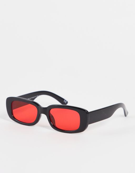 Asos Design Mid Rectangle Sunglasses With Red Lens In Black Black Asos