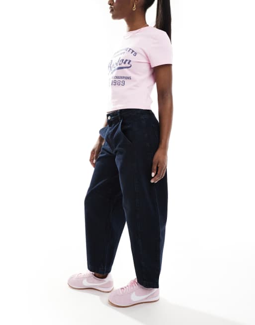 ASOS DESIGN mid rise cropped barrel leg jeans in blue black | ASOS