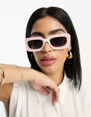 ASOS DESIGN mid square sunglasses with tramline detail in pink | ASOS