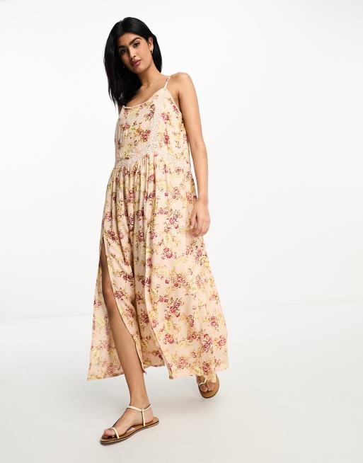 ASOS DESIGN - Midi cami-jurk met dubbele dijsplit en opengewerkt kant in vintage bloemenprint | ASOS