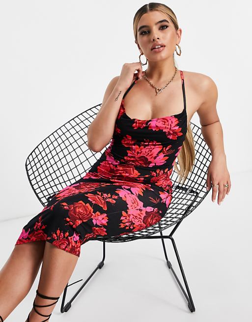 ASOS DESIGN - Midi cami jurk met gedrapeerde halslijn in zwart met roze ... ASOS DESIGN - Midi cami jurk met gedrapeerde halslijn in zwart met roze ...