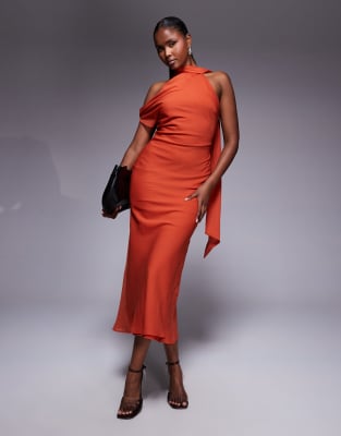 ASOS DESIGN - Midi-jurk met sjaal en blote schouder in rood | ASOS