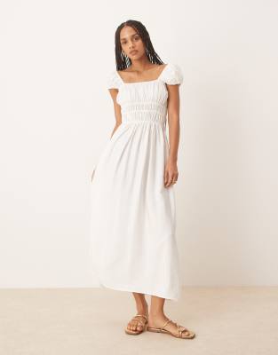 ASOS DESIGN - Midi jurk met vierkante hals, korte mouwen en ingenomen taille in wit | ASOS