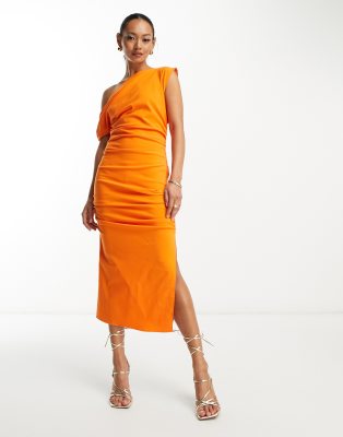 ASOS DESIGN - Midi jurk van bengaline met asymmetrische drapering in feloranje | ASOS