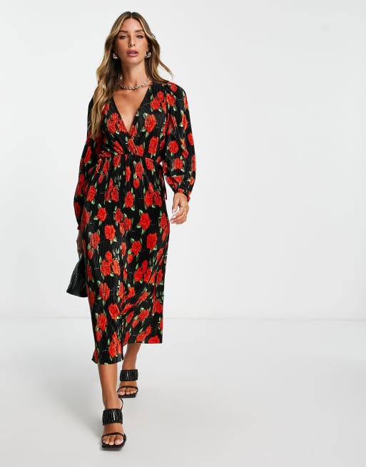 Asos Design Midi Jurk Van Plissé Met Overslag En Rozenprint In Zwart