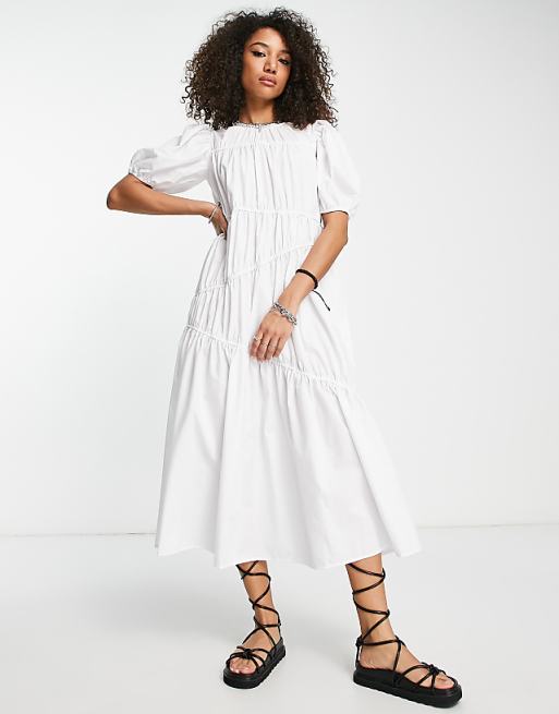 ASOS DESIGN - Midi jurk van poplin katoen met geplooide stroken in wit ... ASOS DESIGN - Midi jurk van poplin katoen met geplooide stroken in wit ...