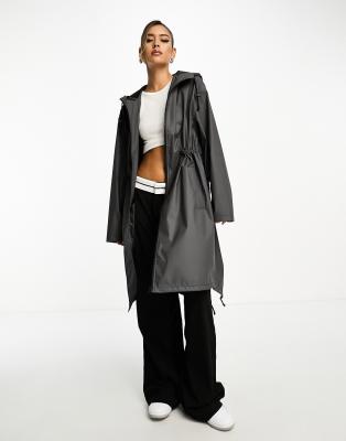 ASOS DESIGN midi rubberised rain coat with dipped hem in charcoal | ASOS