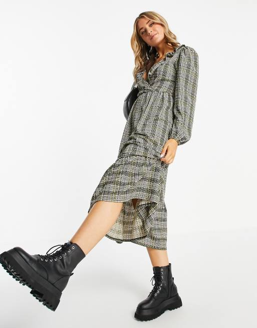 Asos Design Midi Smock Dress With Frill Neck And Tiered Hem In Grey And