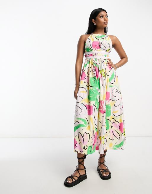 ASOS DESIGN – Midi-Sommerkleid mit Neckholder-Träger, Riemchen am Rücken und abstraktem Muster ...