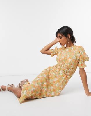 ASOS DESIGN midi tea dress with shirring details in yellow ditsy floral ...