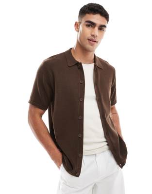 ASOS DESIGN midweight cotton knitted button through polo in brown | ASOS