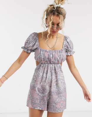 ASOS DESIGN milkmaid beach romper in paisley print | ASOS