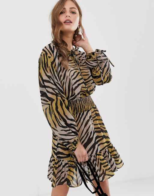 Asos Design Mini Dress With Elasticated Waist In Colored Zebra Print Asos