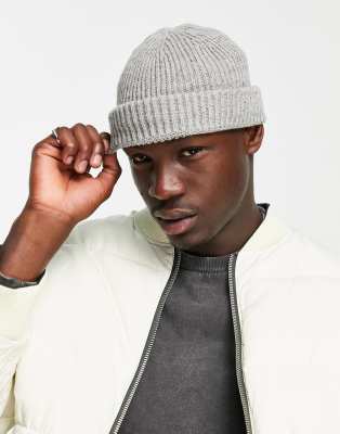 ASOS DESIGN mini fisherman ribbed beanie in grey with nep | ASOS