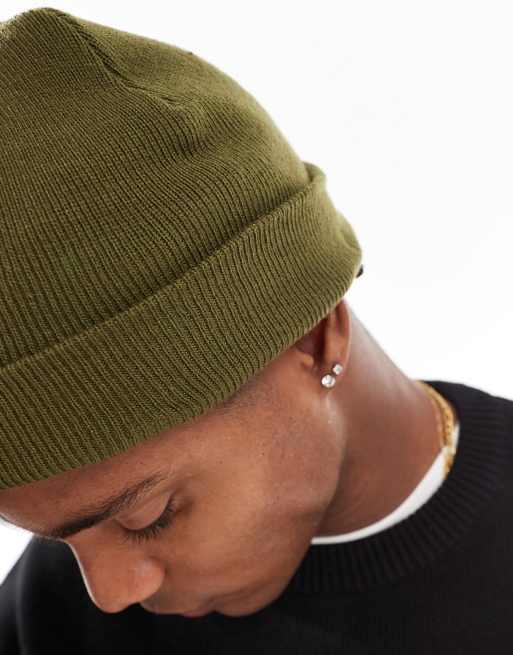 ASOS DESIGN mini fisherman ribbed beanie in khaki | ASOS