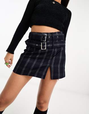 ASOS DESIGN - Mini-jupe à carreaux avec double ceinture et ourlet cranté - Bleu | ASOS