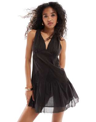 ASOS DESIGN - Mini-jurk met strikdetail en godet-rok in acid wash | ASOS