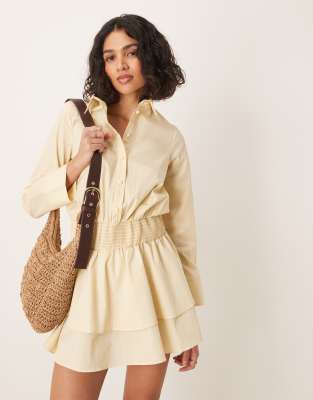 ASOS DESIGN - Mini overhemdjurk met gesmokte details in stone | ASOS
