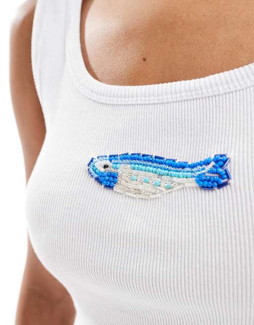 ASOS DESIGN mini rib singlet with beaded fish in white | ASOS