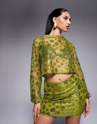 ASOS DESIGN - Mini rok met gehaakte bloemen en lovertjes in olijfgroen ...